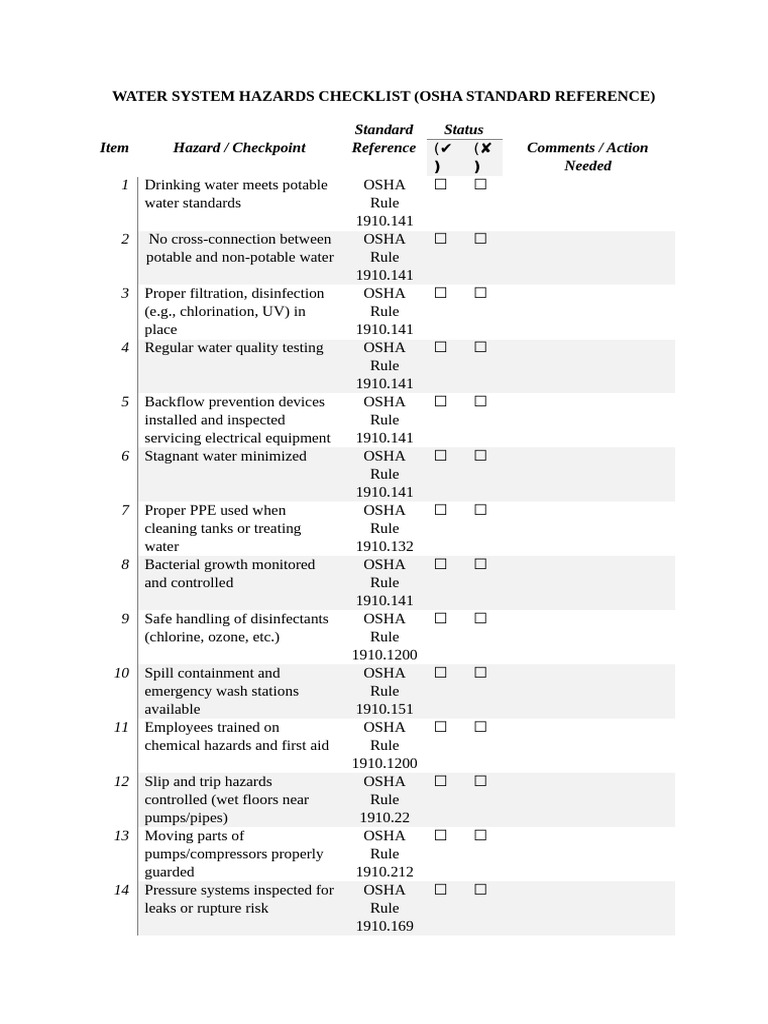 Water System Hazards Checklist | PDF | Drinking Water | Occupational ...