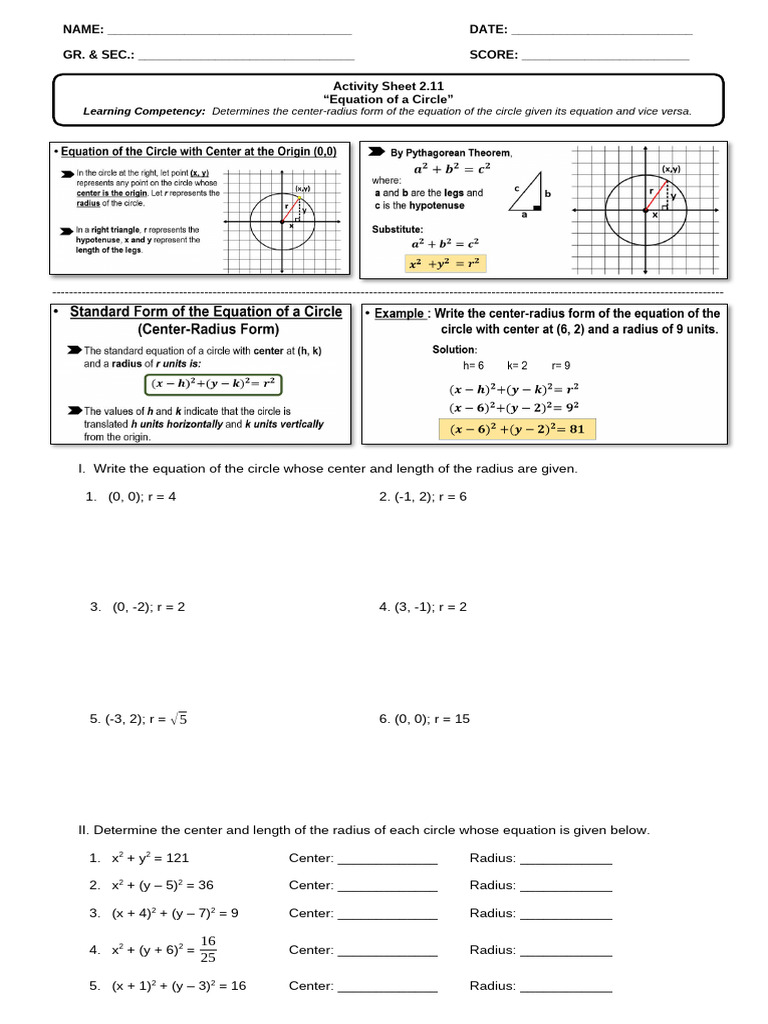 Circle Equation and Properties Worksheet | PDF
