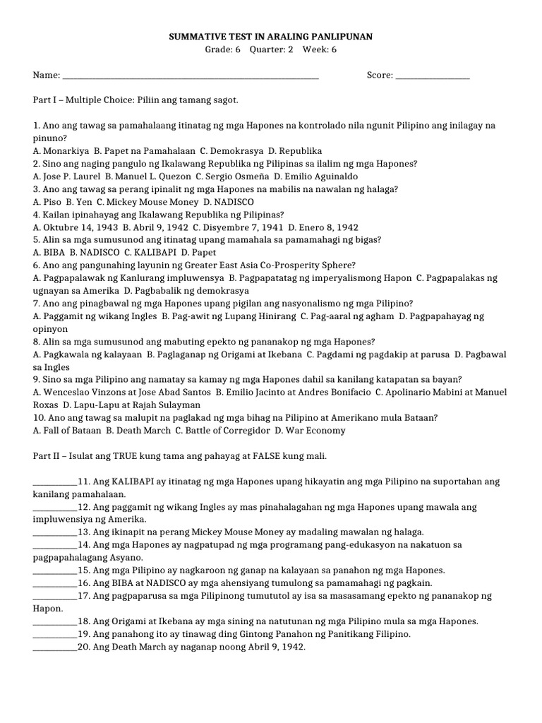 Summ - Test AP 6 q2 w6 | PDF