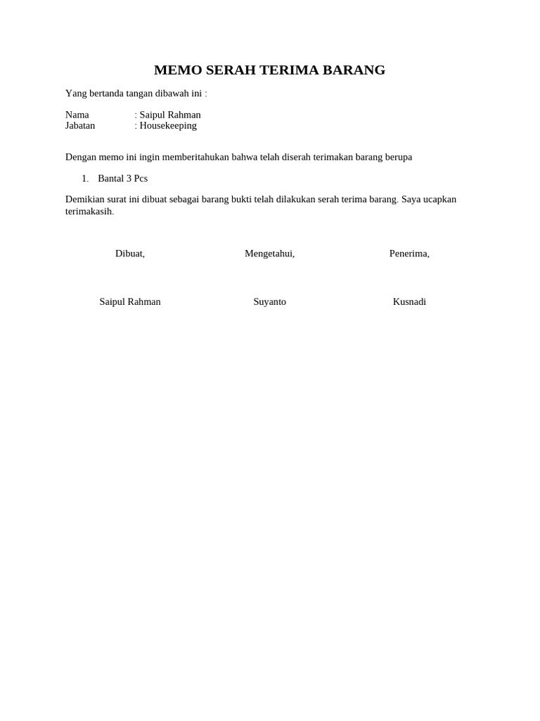 Memo Serah Terima Barang | PDF