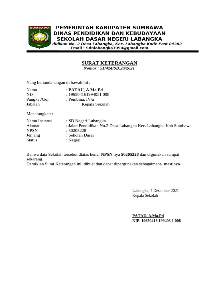 Keterangan Resmi SD Negeri Labangka | PDF