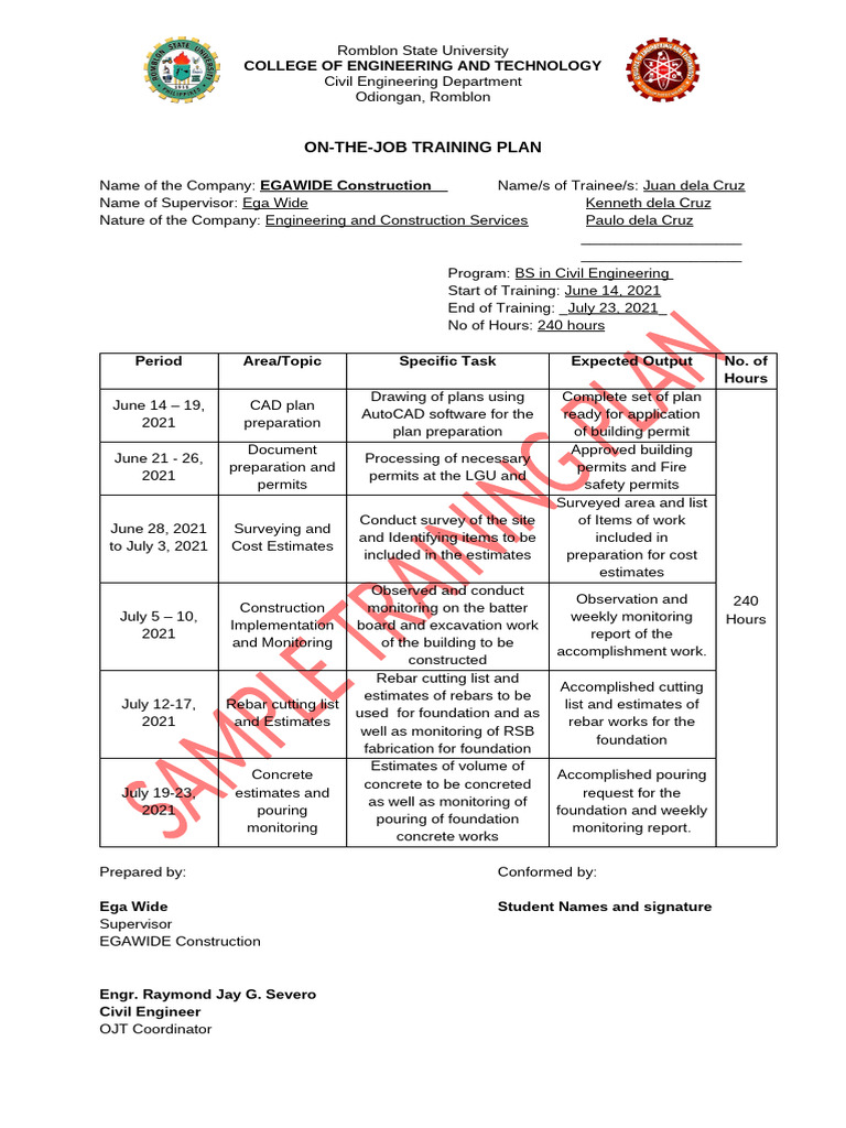 Civil Engineering OJT Training Plan | PDF | Civil Engineering | Engineering