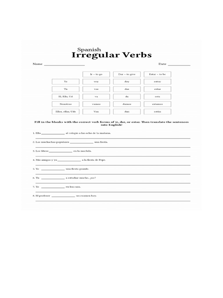 Spanish Irregular Verbs Printable Worksheets 970.Png | PDF