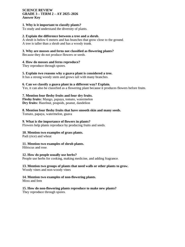 Answer Key - Science Review Classifying Plants | PDF