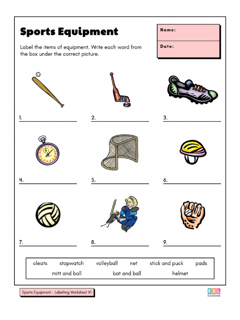 Sports Equipment Labelling Worksheets | PDF