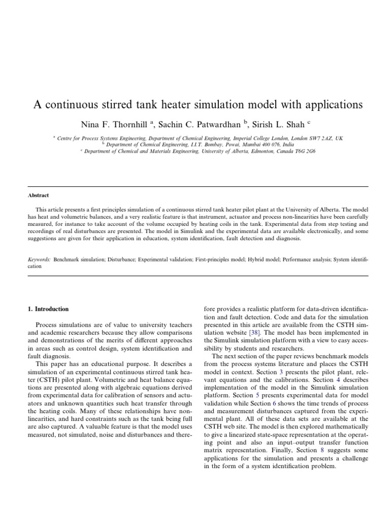 A Continuous Stirred Tank Heater Simulation Model With Applications Pdf Control Theory