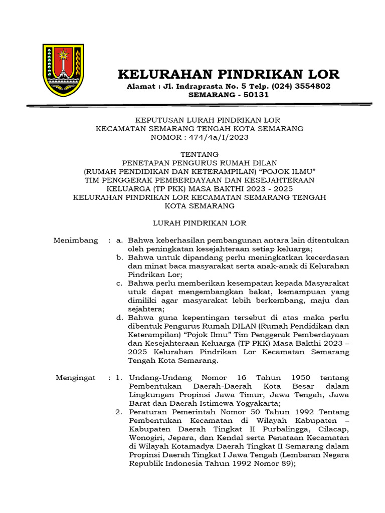 Pengurus Rumah Dilan Pindrikan Lor 2023 | PDF
