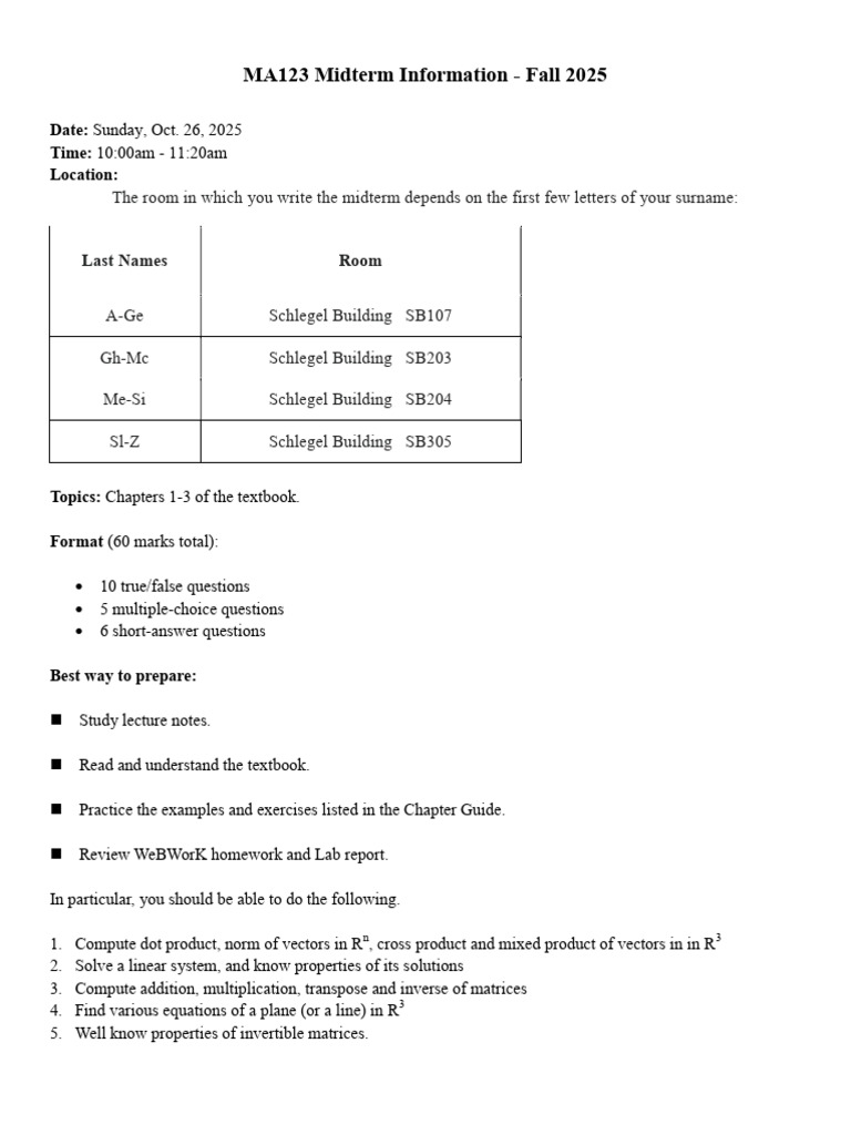 MA123 Midterm Details - Fall 2025 | PDF