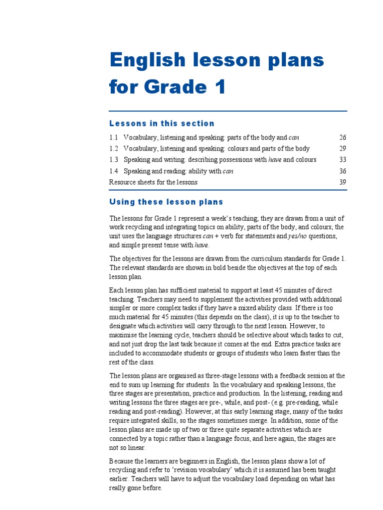 Lesson Plans For Grade 1 | PDF | Lesson Plan | Vocabulary