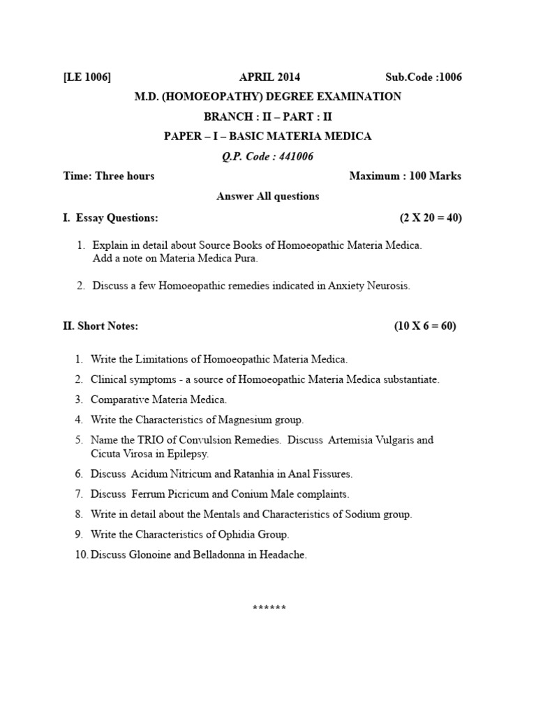 Homoeopathic Materia Medica Exam Paper | PDF
