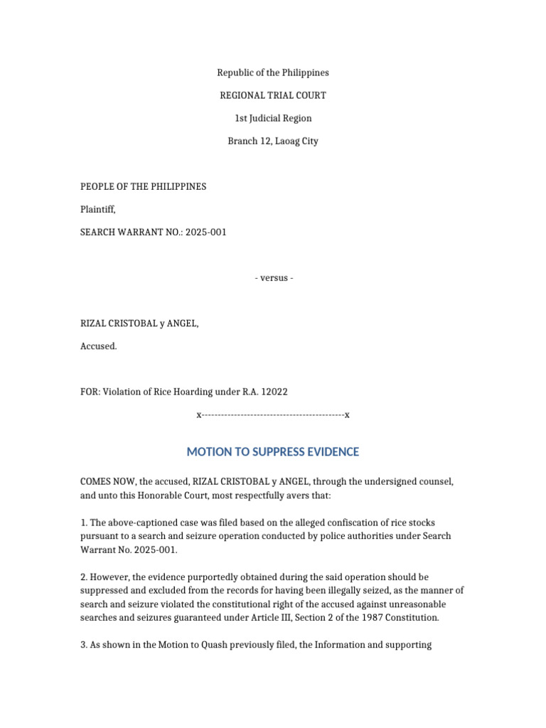 Motion To Suppress Evidence | PDF | Search And Seizure | Search Warrant