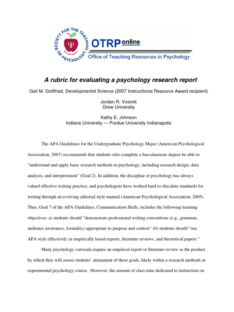 Rubric For Evaluating A Psychology Research Report | PDF | Statistics ...