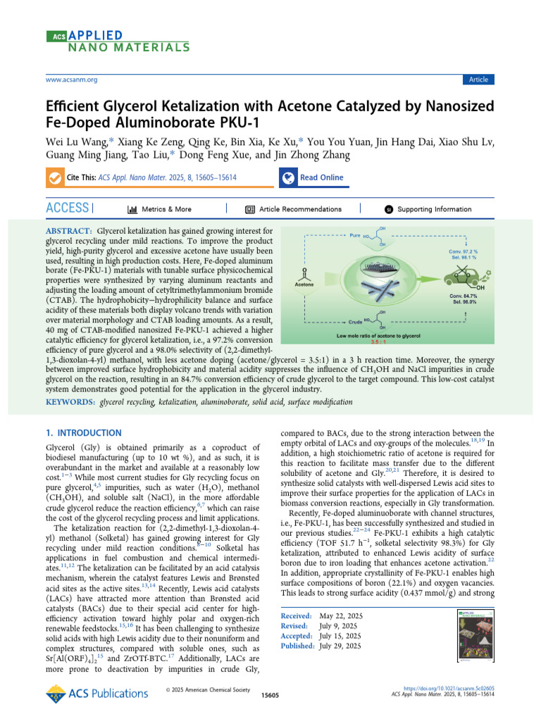 Efficient Glycerol Ketalization With Acetone Catalyzed by Nanosized Fe ...