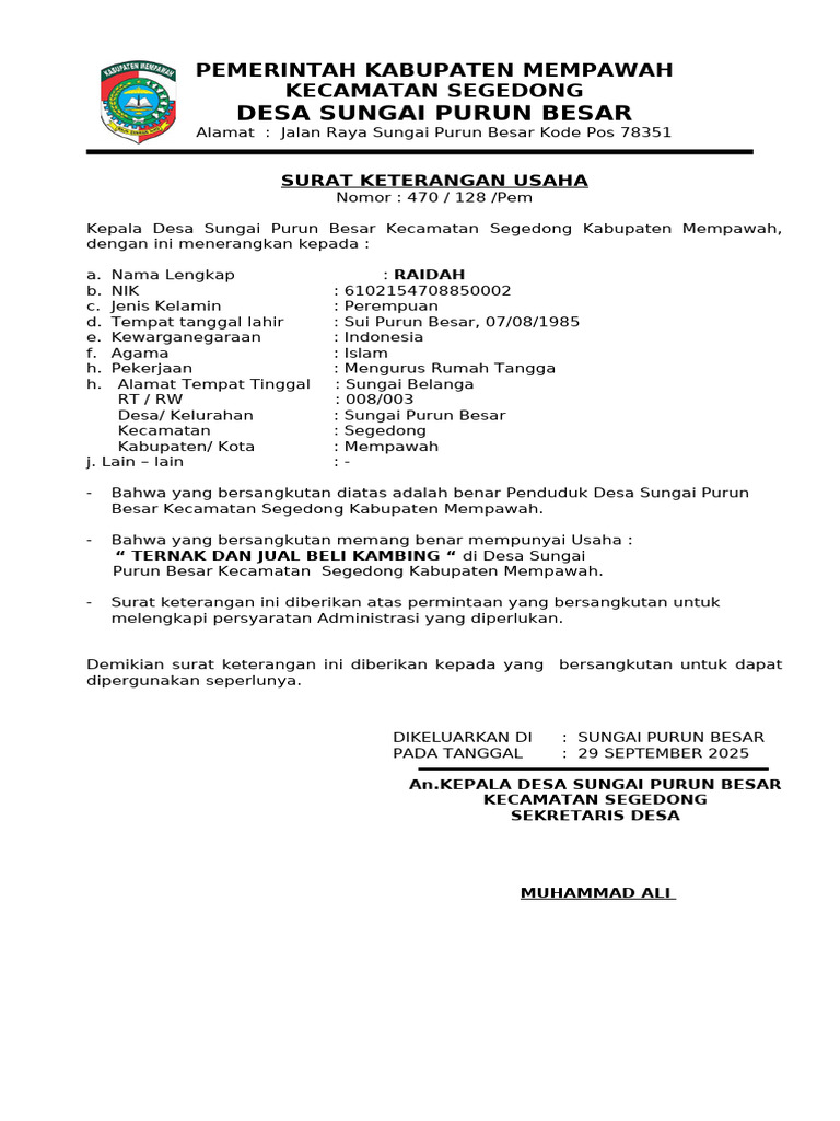 Surat Keterangan Usaha Kambing Mempawah | PDF