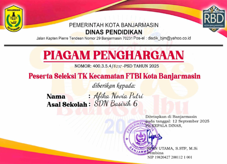 Sertifikat Peserta FTBI 2025 Afika Novia Putri | PDF