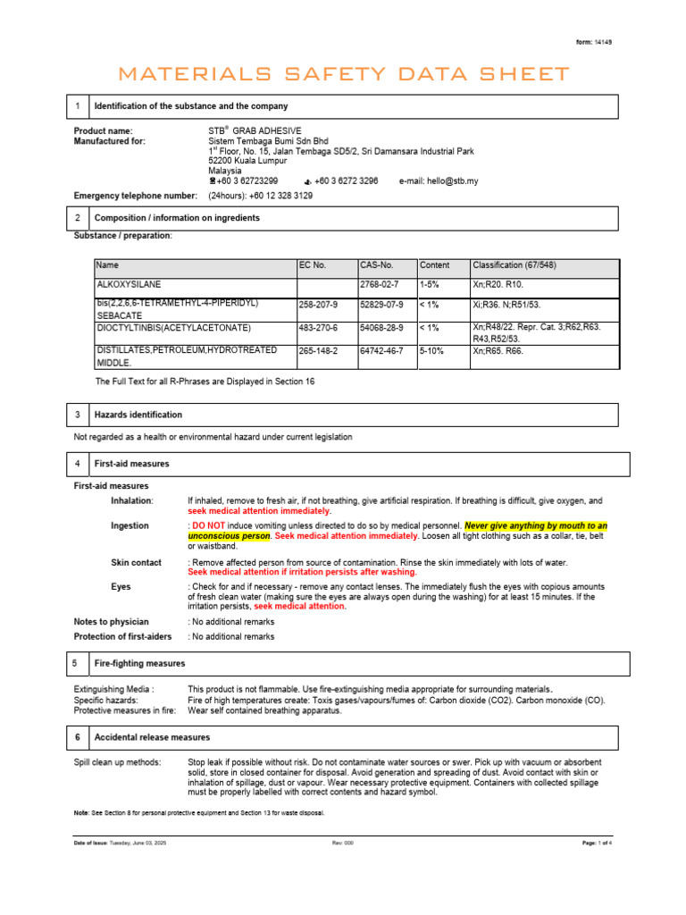 Materials Safety Data Sheet - Adhesive | PDF