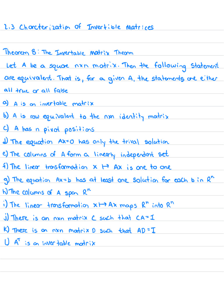 2.3 Characterizations of Invertible Matrices Notes | PDF | Matrix ...