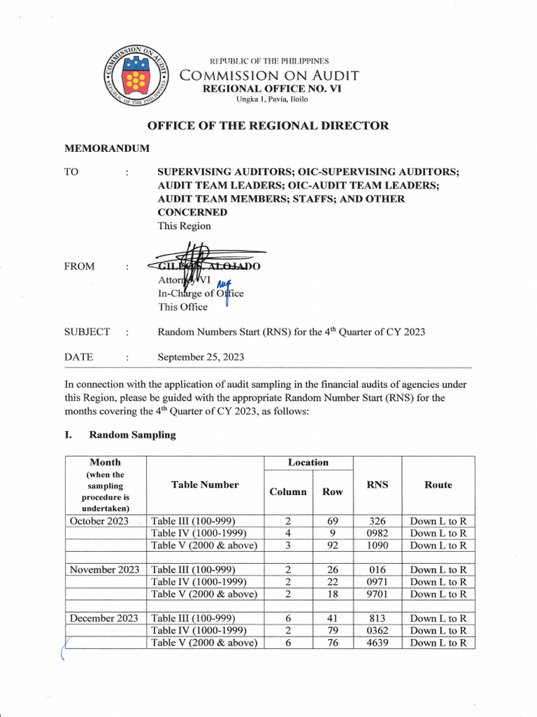 Memo Random Numbers Start (RNS) For The 4th Quarter of CY 2023 | PDF
