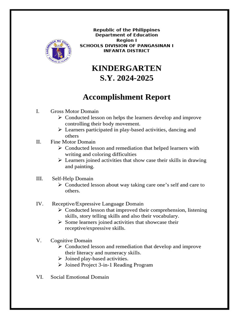 Kindergarten Accomplishment Report 2024-2025 | PDF