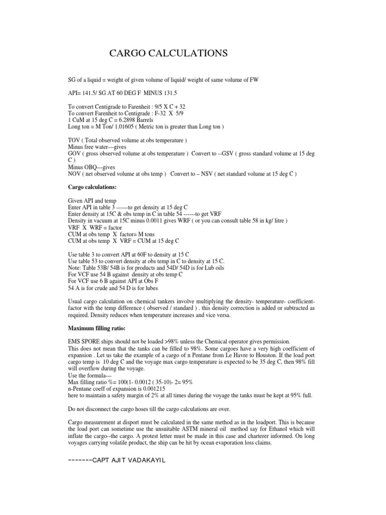 Cargo Calculations | PDF | Ton | Density