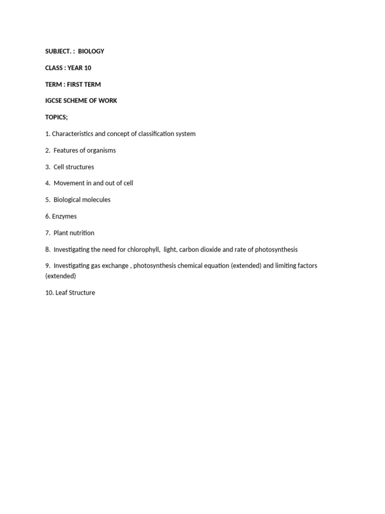 Year 10 IGCSE Biology Scheme | PDF