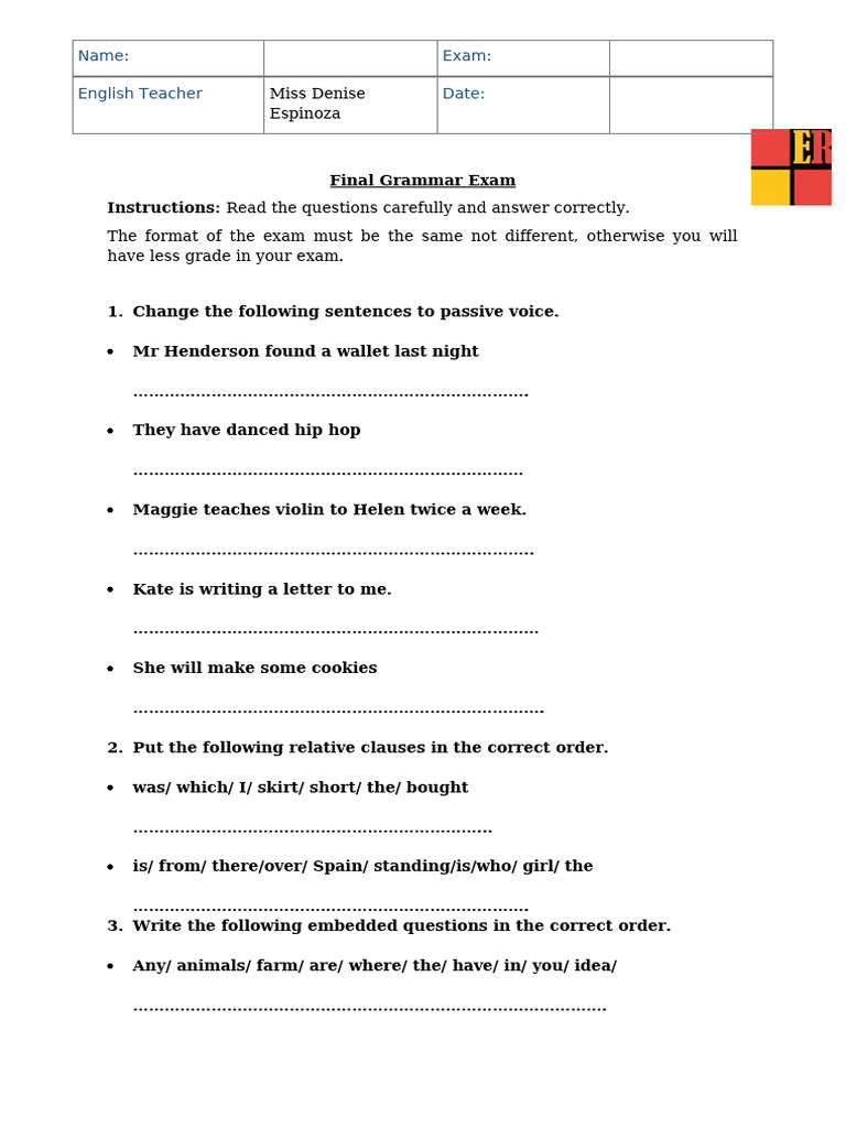 Grammar Final Exam | PDF