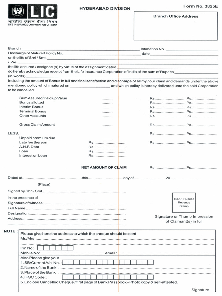 Lic Maturity Form No 3825e | PDF