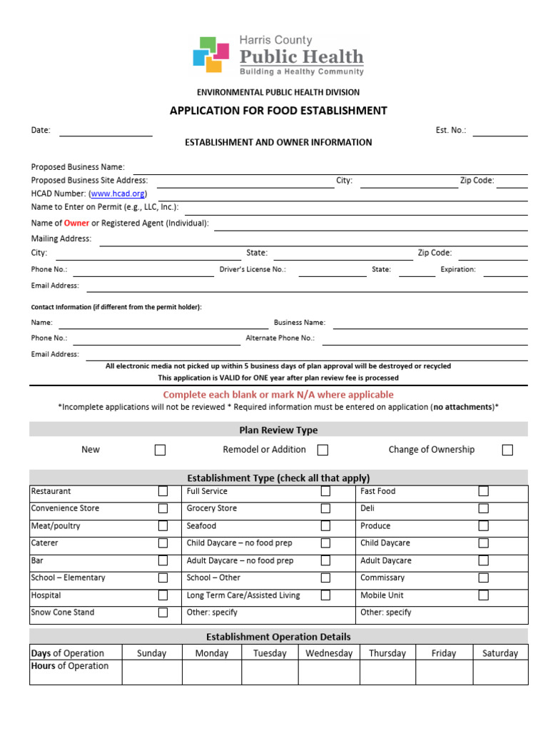 Harris County Food Establishment Application | PDF | Refrigerator | Toilet