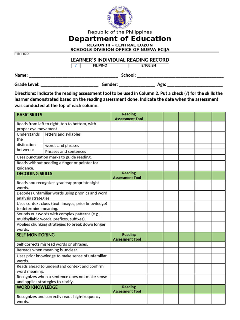 Individual Reading Assessment Record | PDF | Word | Reading Comprehension