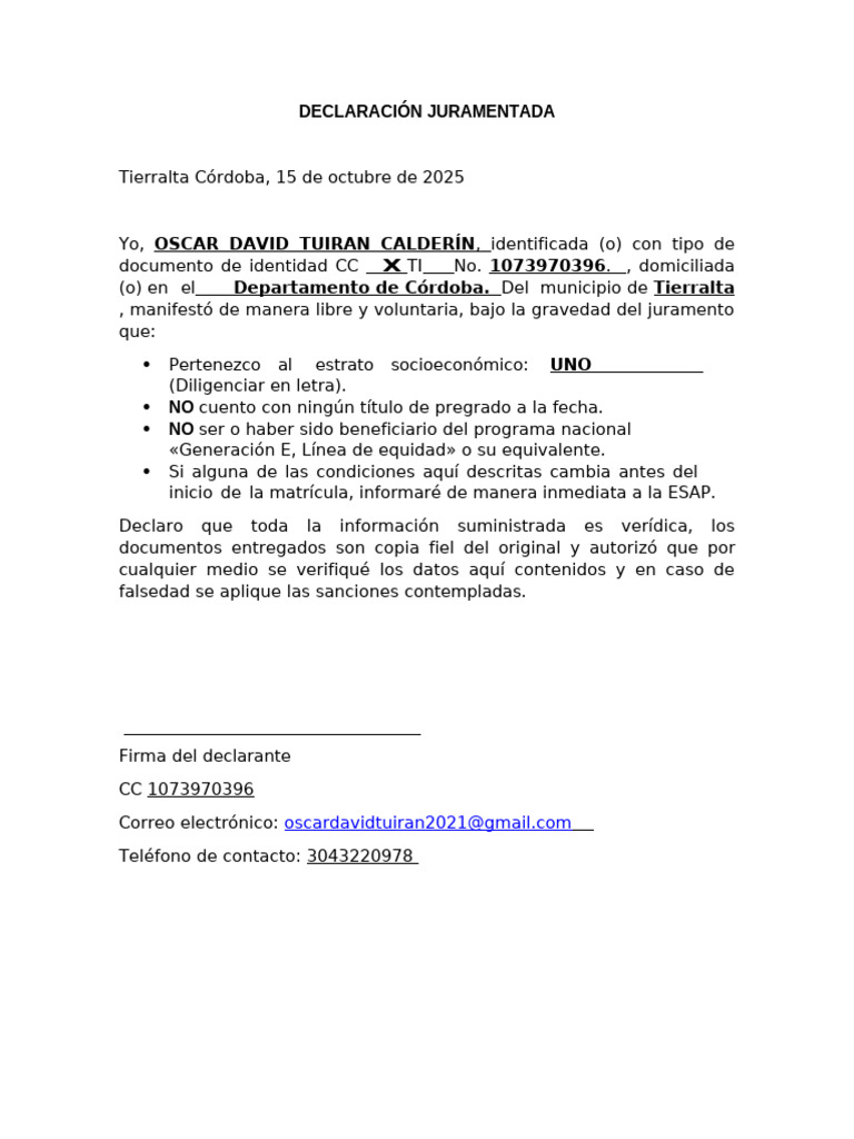 Declaración Juramentada - Oscar | PDF