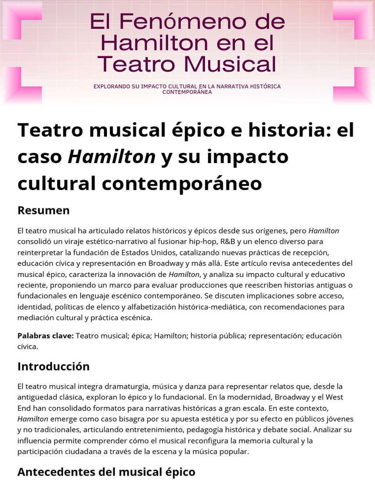 Teatro Musical Épico e Historia El Caso Hamilton y Su Impacto Cultural ...