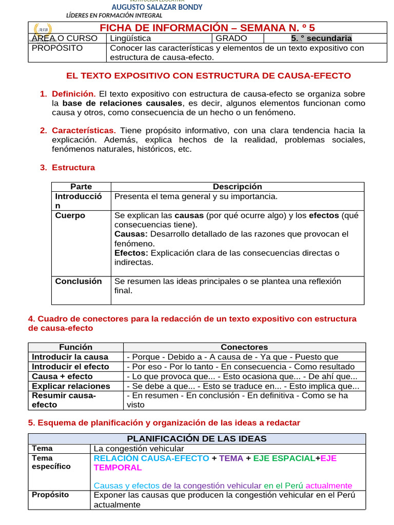 F. de Inform. SEMANA N. ° 7 EL TEXTO EXPOSITIVO CAUSA-EFECTO | PDF | La ...