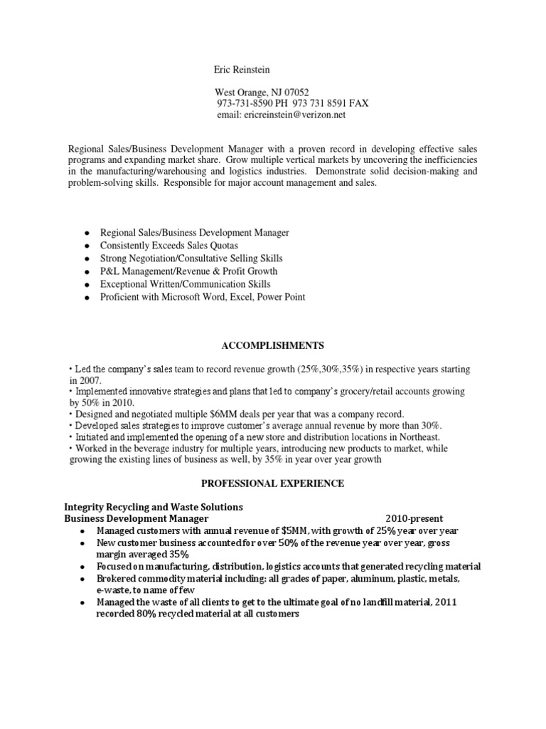National Account Manager CPG Recycling in USA Resume Eric Reinstein ...