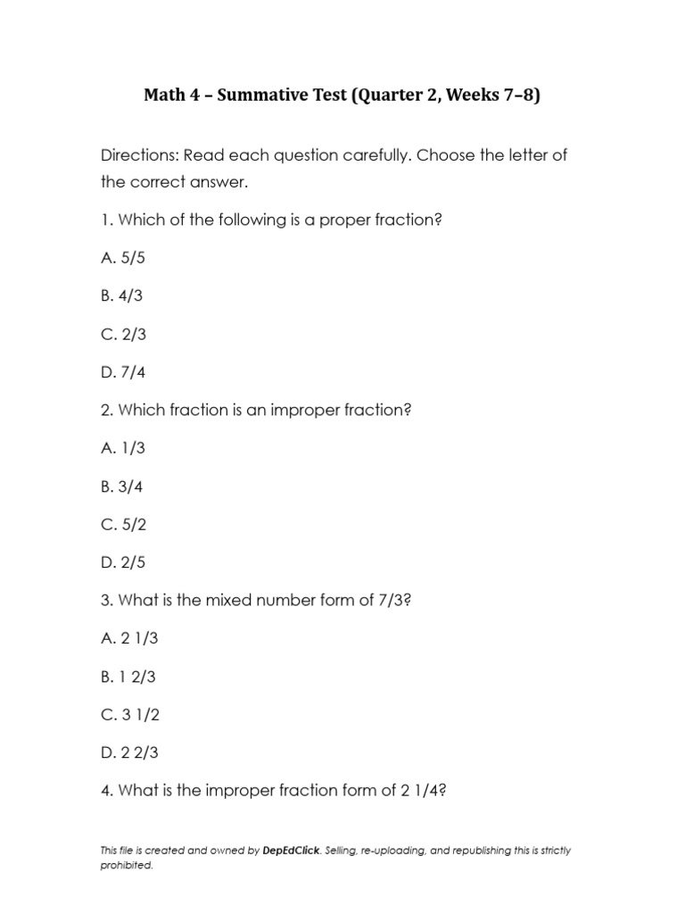 Math 4 Quarter 2 Summative Test | PDF | Chess Openings | Arithmetic