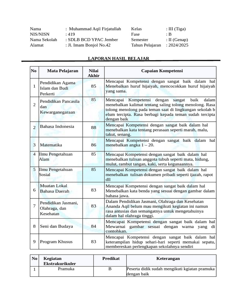 Rapor Smt 1 Aqil | PDF