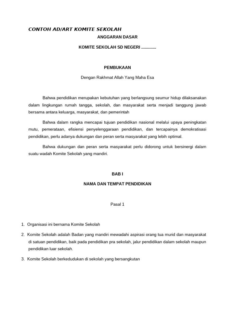 Contoh Adart Komite Sekolah A | PDF
