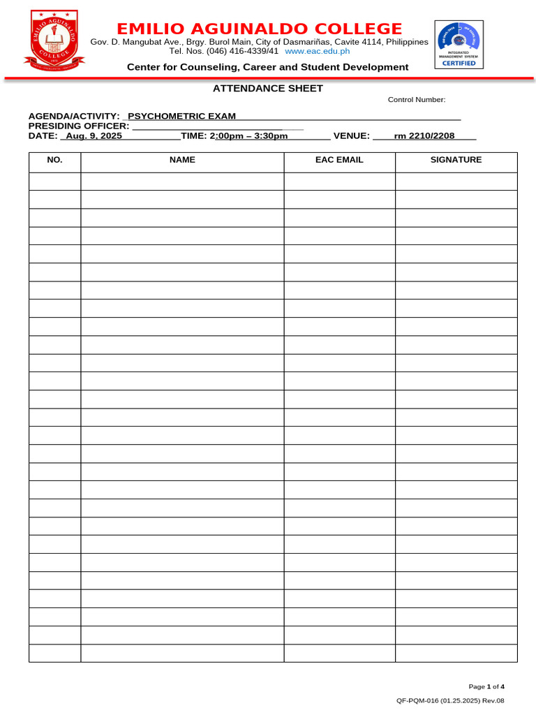 CCS Attendance Sheet 2025 | PDF