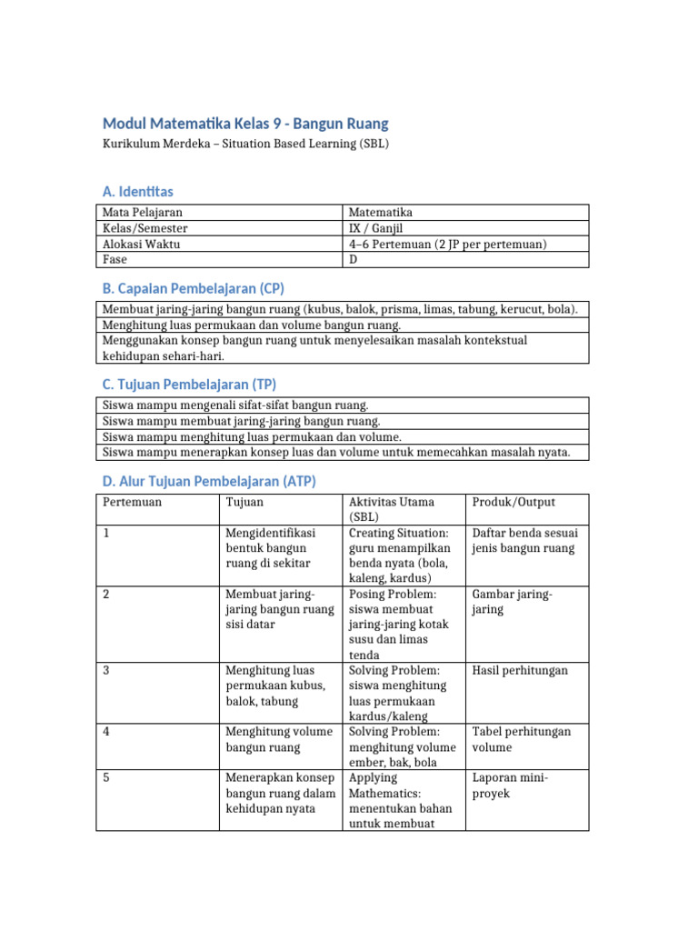 Modul Bangun Ruang Tabel SBL | PDF