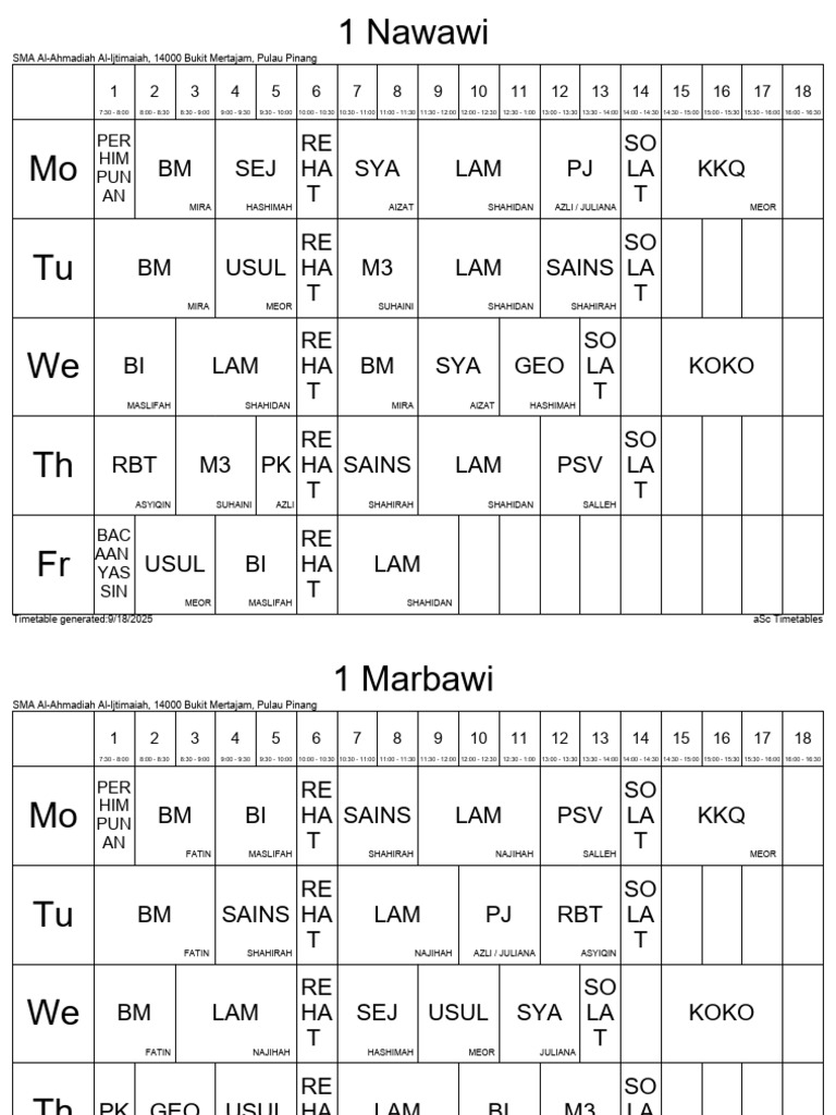 SMA Al-Ahmadiah Timetable 2025 | PDF