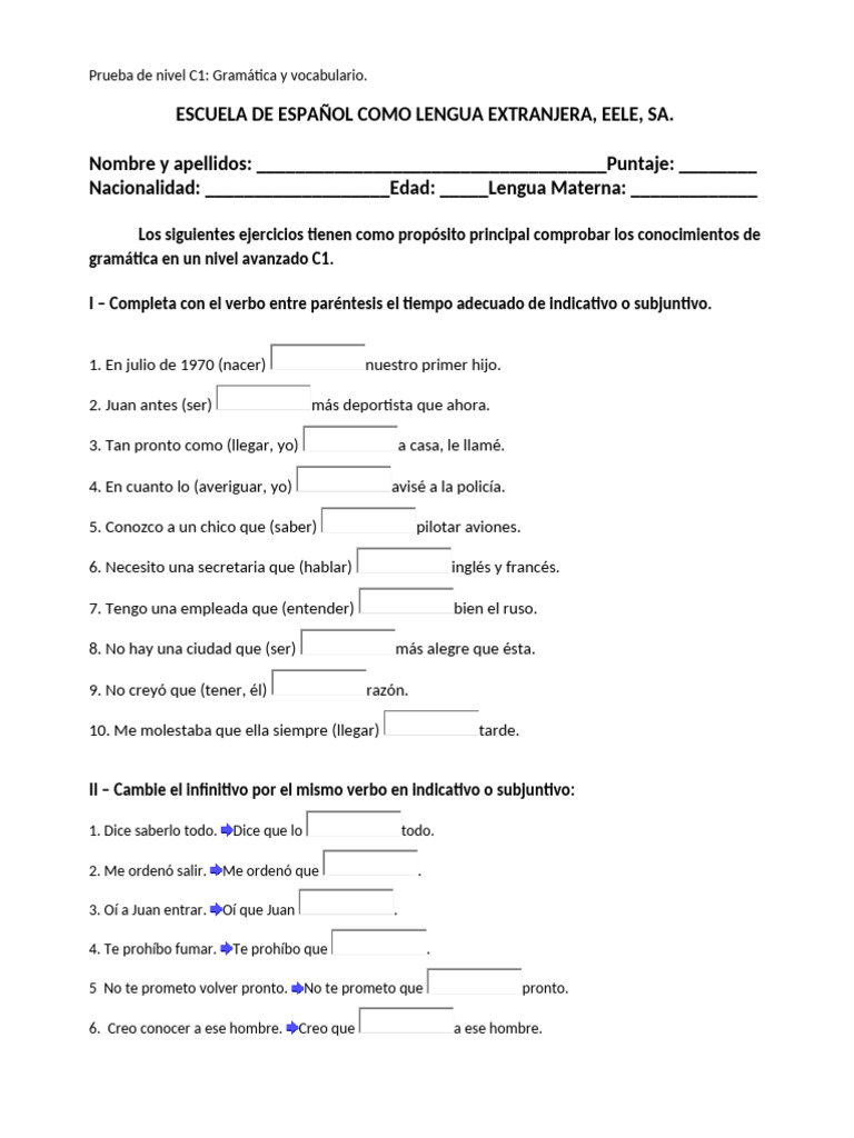 Prueba de vocabulario C1 en español | PDF | Lingüística