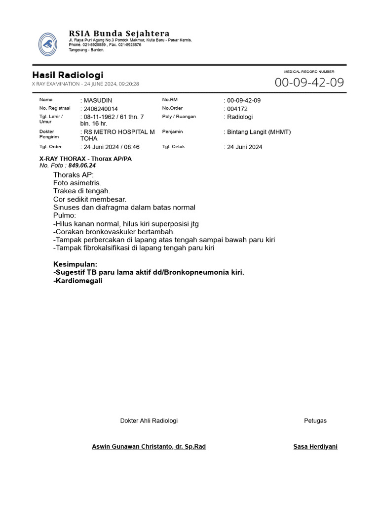 Hasil Rontgen Thorax Pasien Masudin | PDF