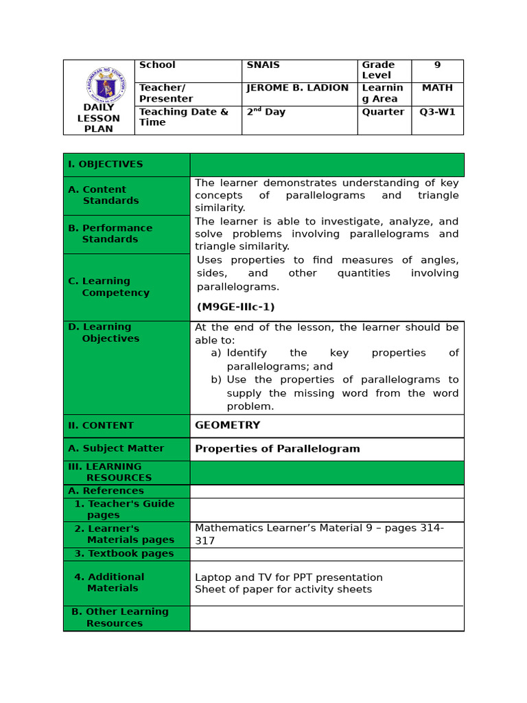 Properties of Parallelograms Lesson Plan | PDF | Rectangle | Geometry