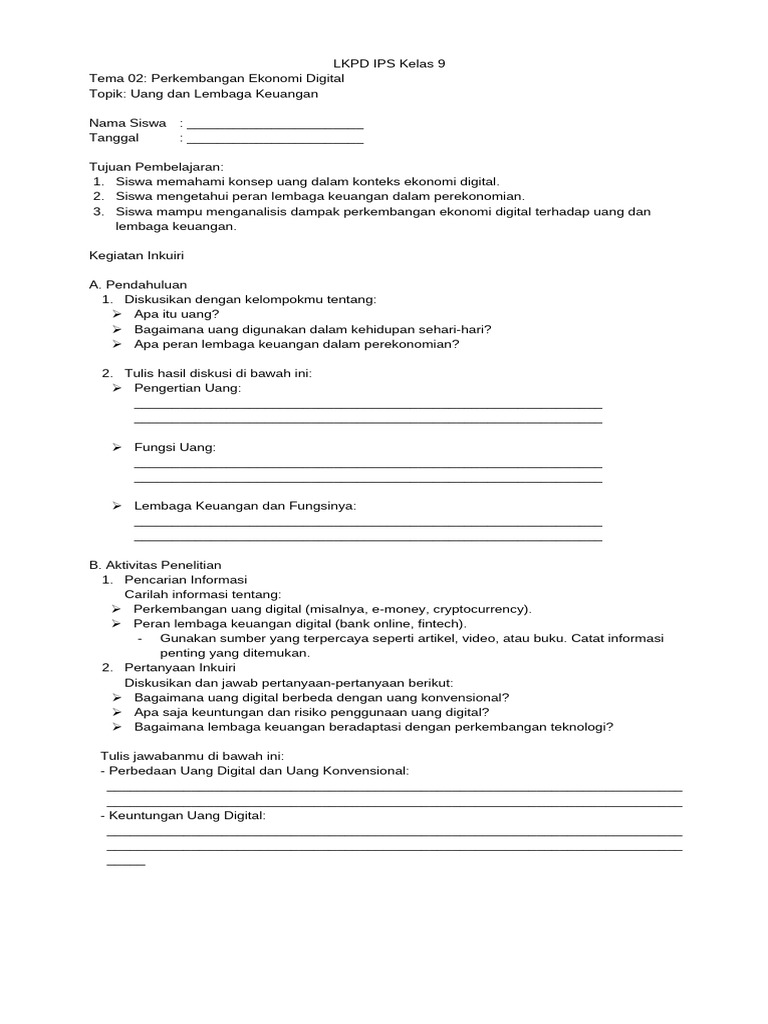 LKPD IPS Kelas 9 Uang Dan Lembaga Keuangan | PDF