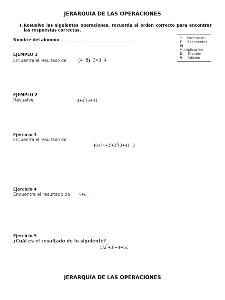 Jerarquía de Operaciones Matemáticas | PDF | Aritmética | Matemática ...