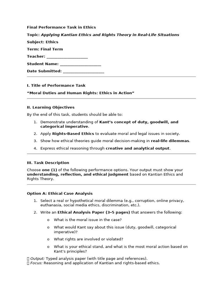 Final Performance Task in Ethics | PDF | Immanuel Kant | Cognition