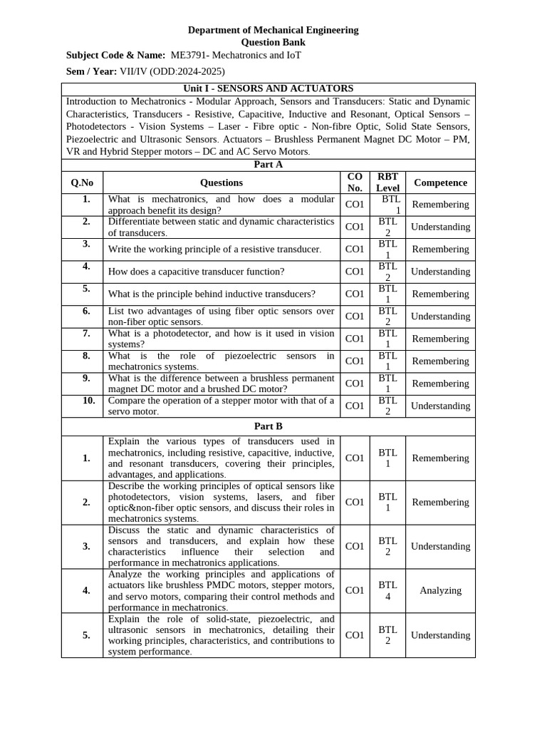 ME3791 - Mechatronics and IoT Question Bank | PDF | Amplifier | Arduino