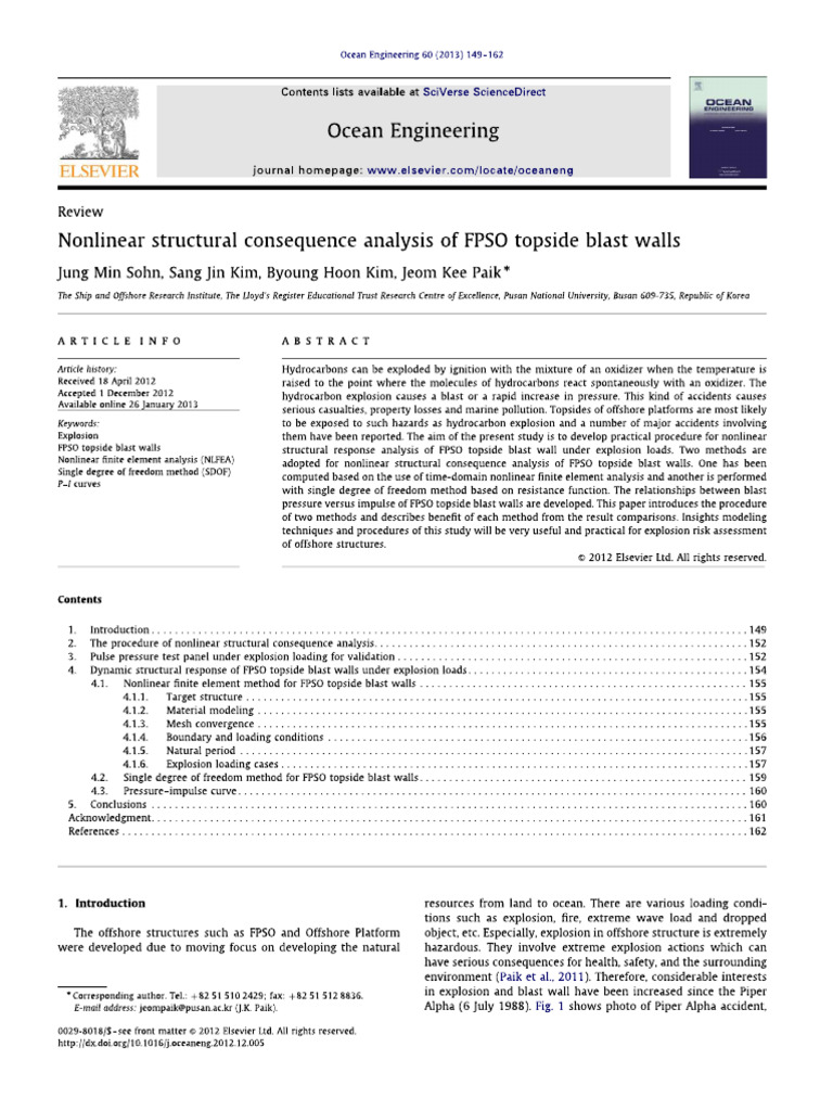 Nonlinear Structural Consequence Analysis of FPSO Topside Blast Walls | PDF