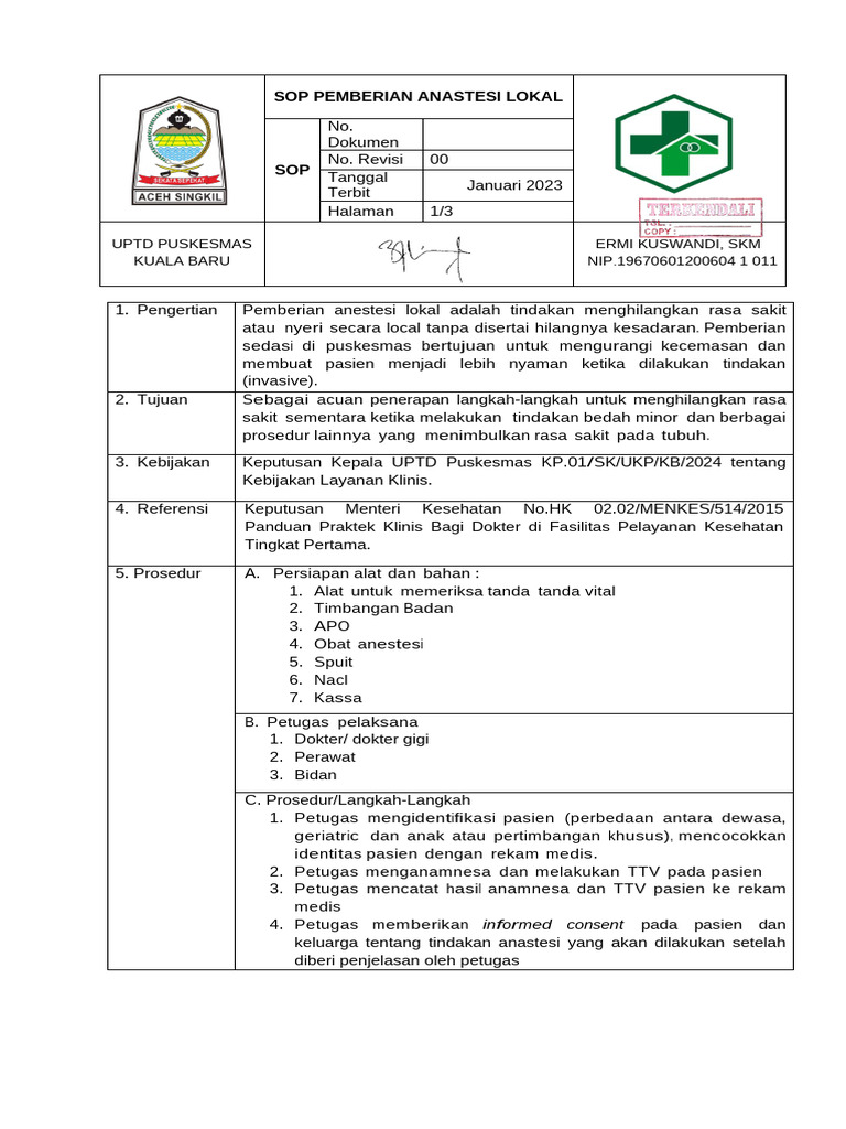SOP Pemberian Anestesi Lokal di Puskesmas | PDF