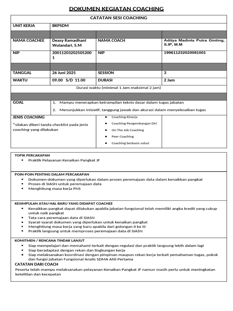 Tabel Coaching Bagi Peserta Cpns Minggu Ketiga | PDF