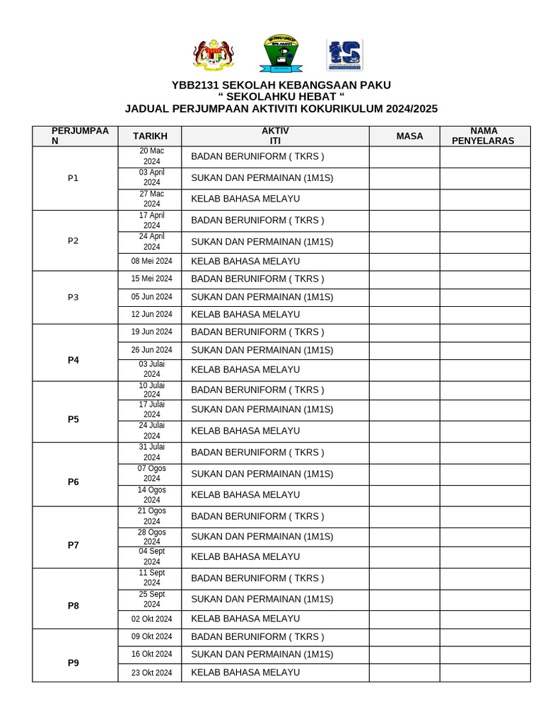 Template Jadual Perjumpaan Aktiviti KK | PDF